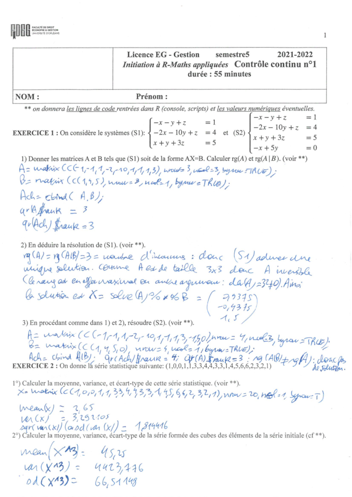 CC1 21-22 + CORR - Contole + Corrigé LICENCE 3 - Mathématiques ...