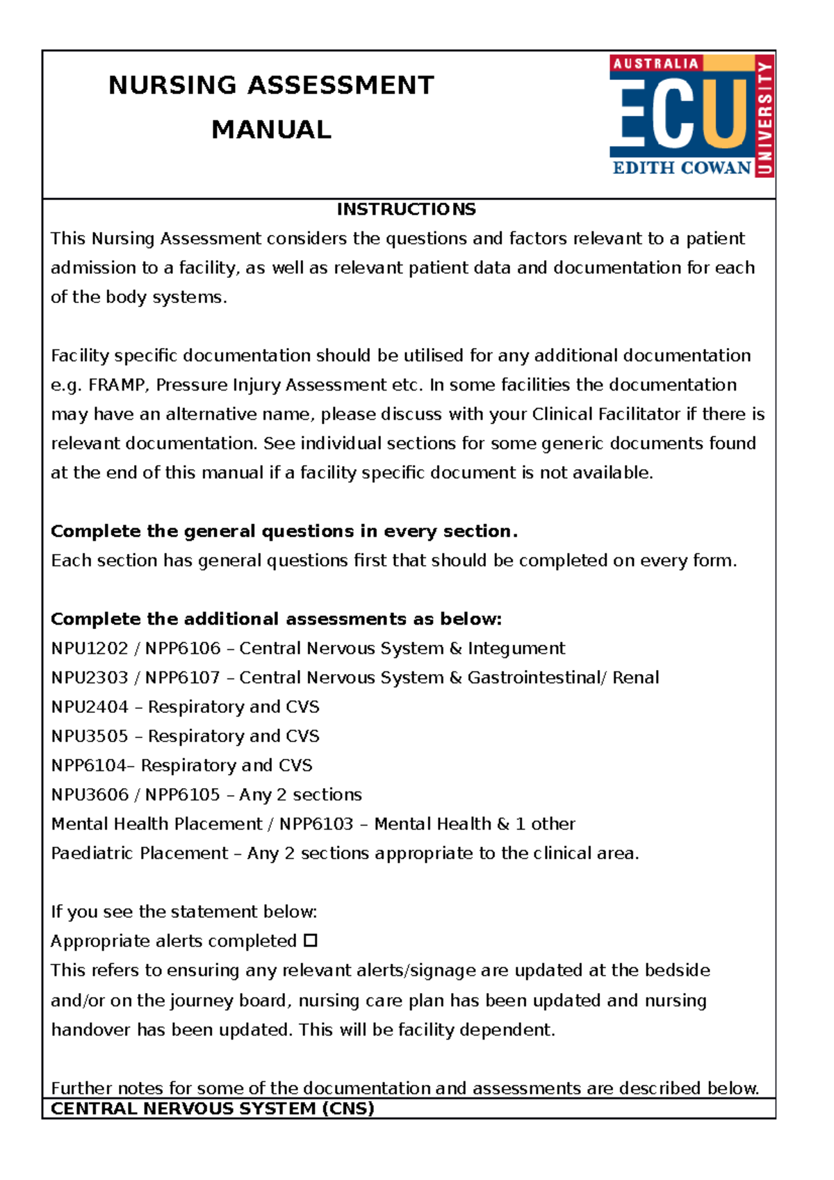 Nursing Assessment Manual - NURSING ASSESSMENT MANUAL INSTRUCTIONS This ...