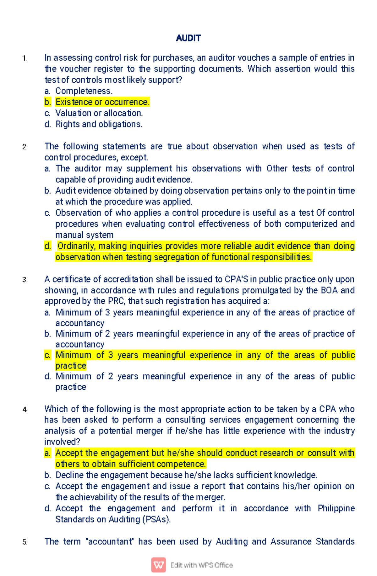 Auditing - Practice materials - AUDIT 1. In assessing control risk for ...