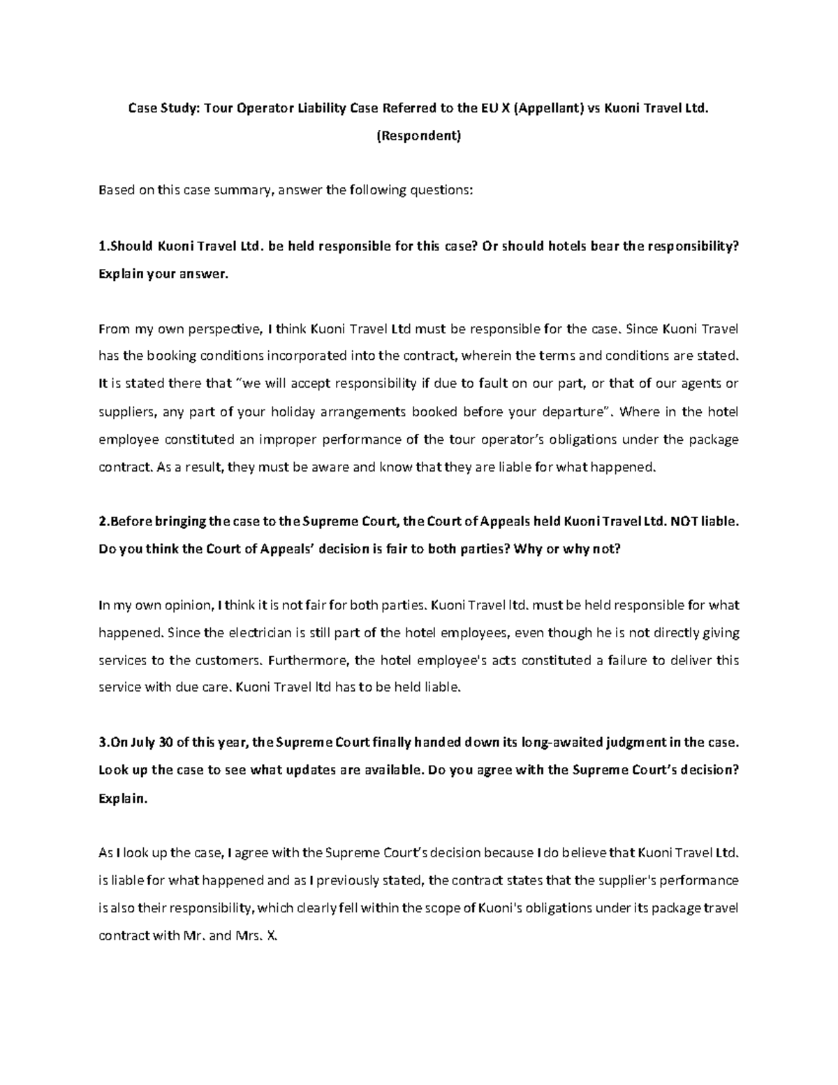 Case Study Tour Operator Liability Case Referred to the EU x (Appellant ...