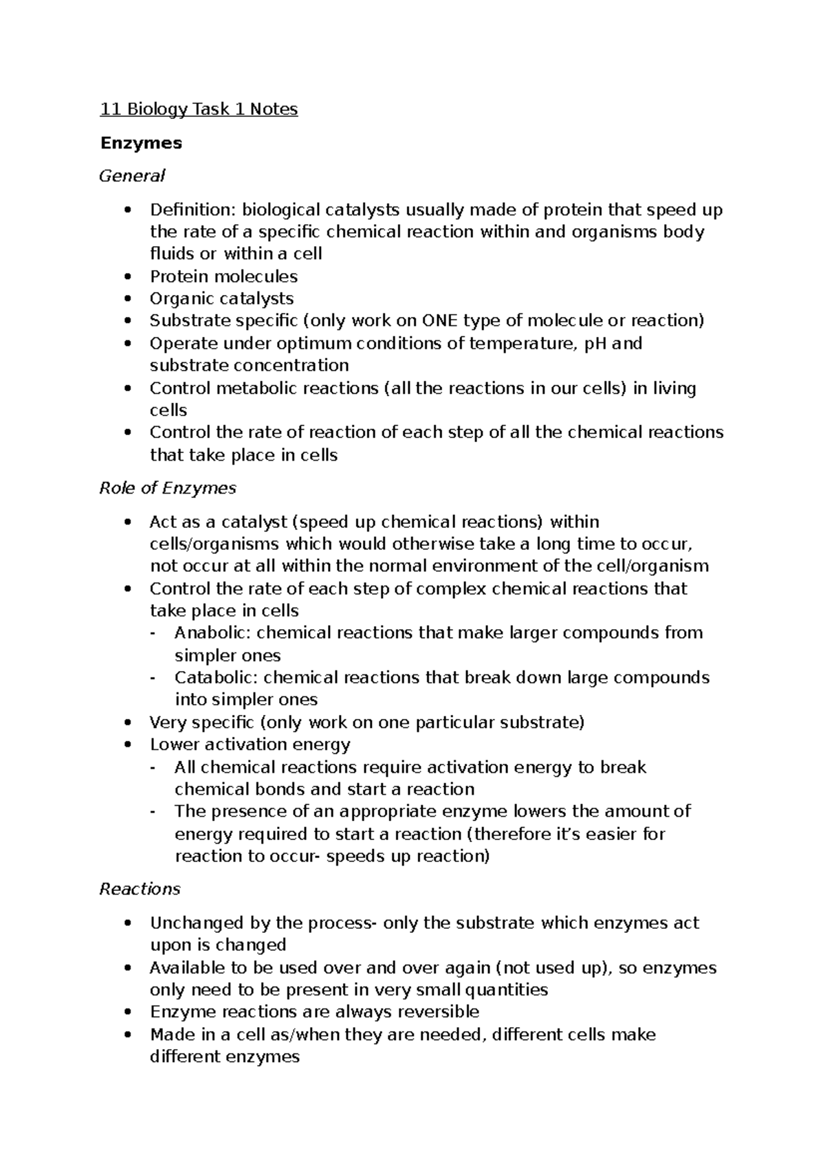 11 Biology Task 1 Notes - enzymes - 11 Biology Task 1 Notes Enzymes ...