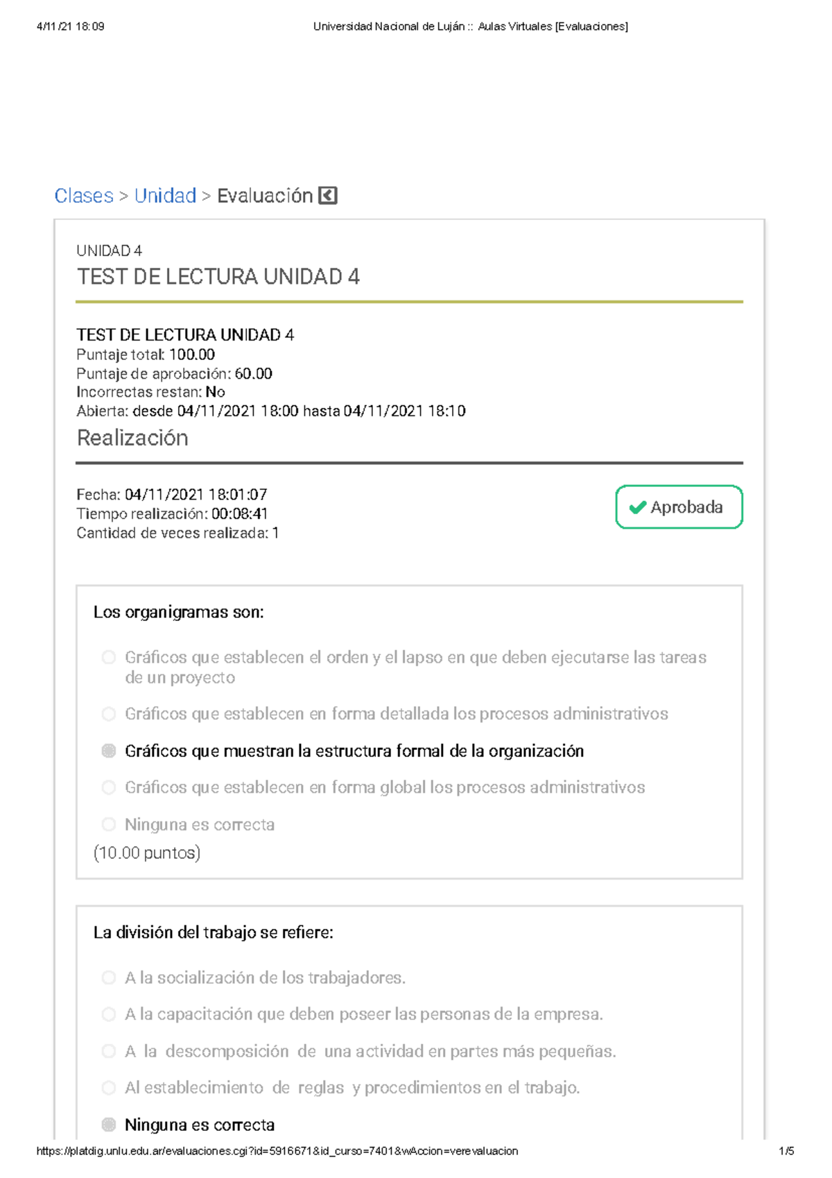 TEST DE Lectura Unidad 4 - Clases > Unidad > Evaluación Fecha: 04/11 ...