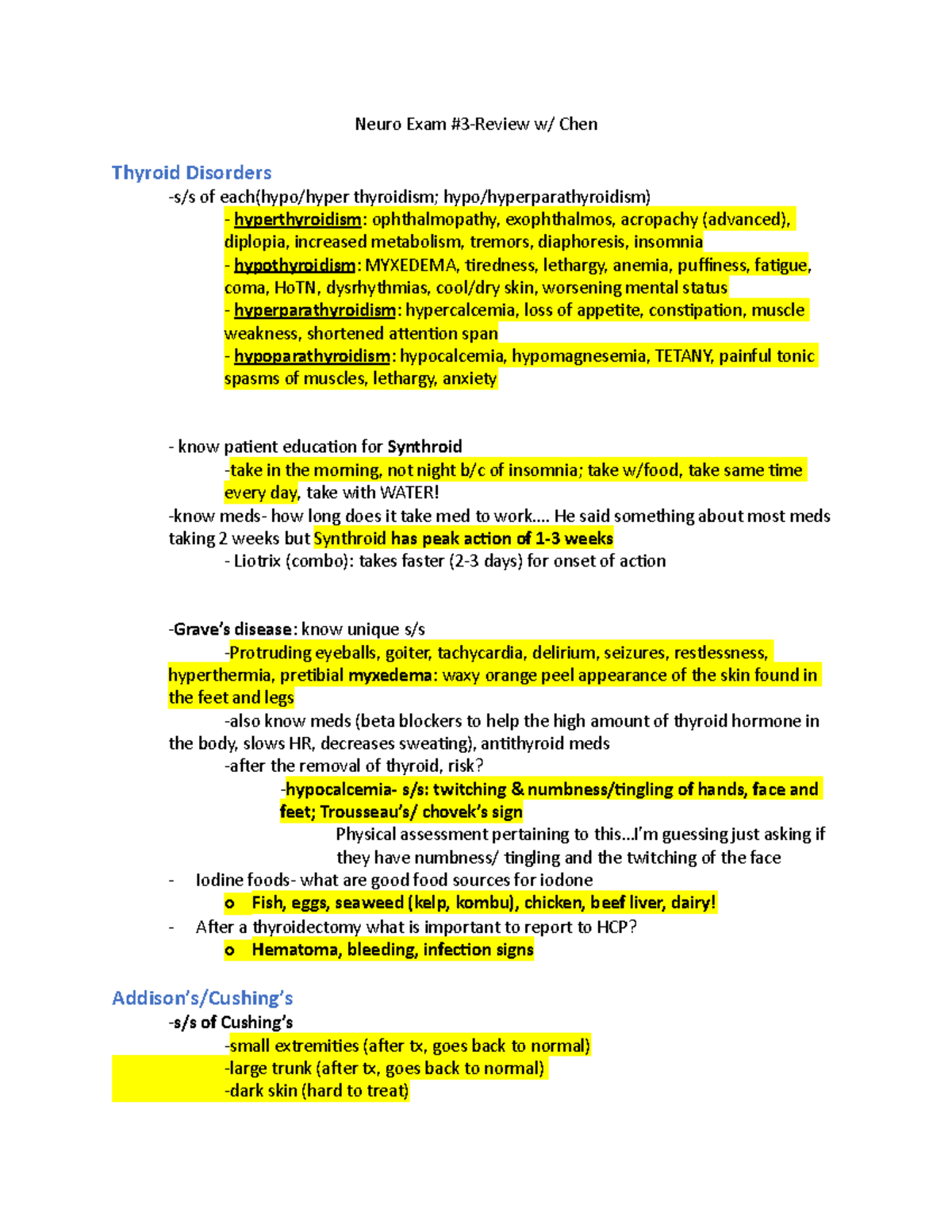 Neuro Exam Review w- chen-3 - Neuro Exam #3-Review w/ Chen Thyroid ...