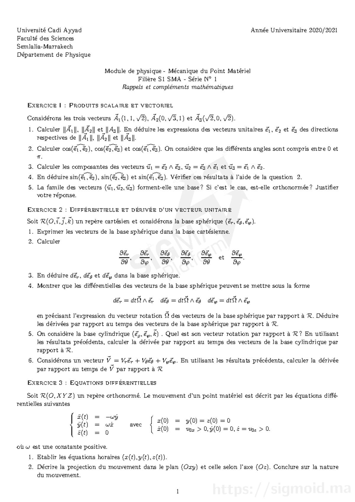 TD 1 - TD de Mécanique 1 SMIA s1 par Prf. Mohamed EL KACIMI - Universit ́e Cadi Ayyad Ann ́ee ...