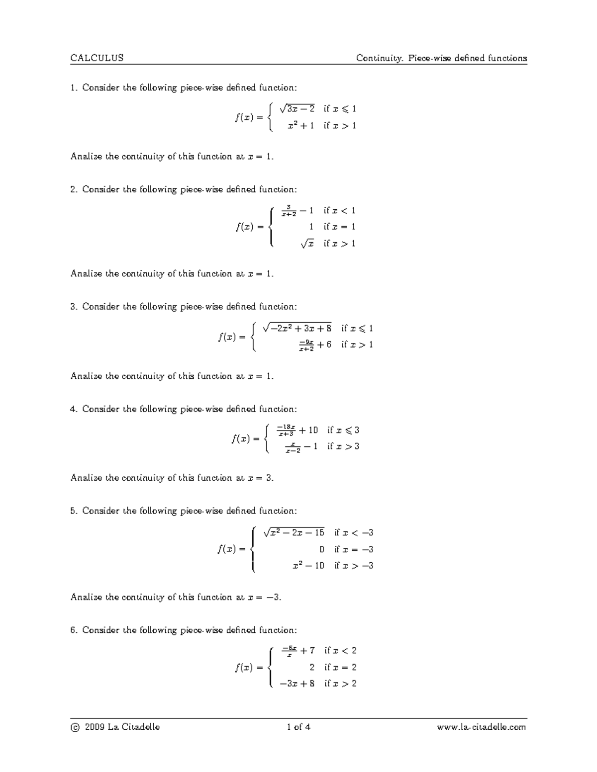 2 - Practice for continuity and piecewise - Consider the following ...