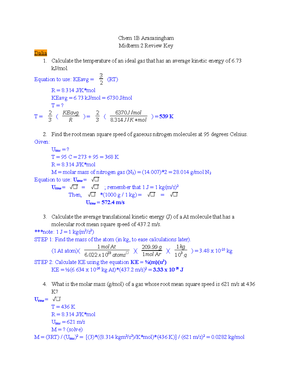 Arasasingham Midterm 2Answer Key - Chem 1B Arasasingham Midterm 2 ...