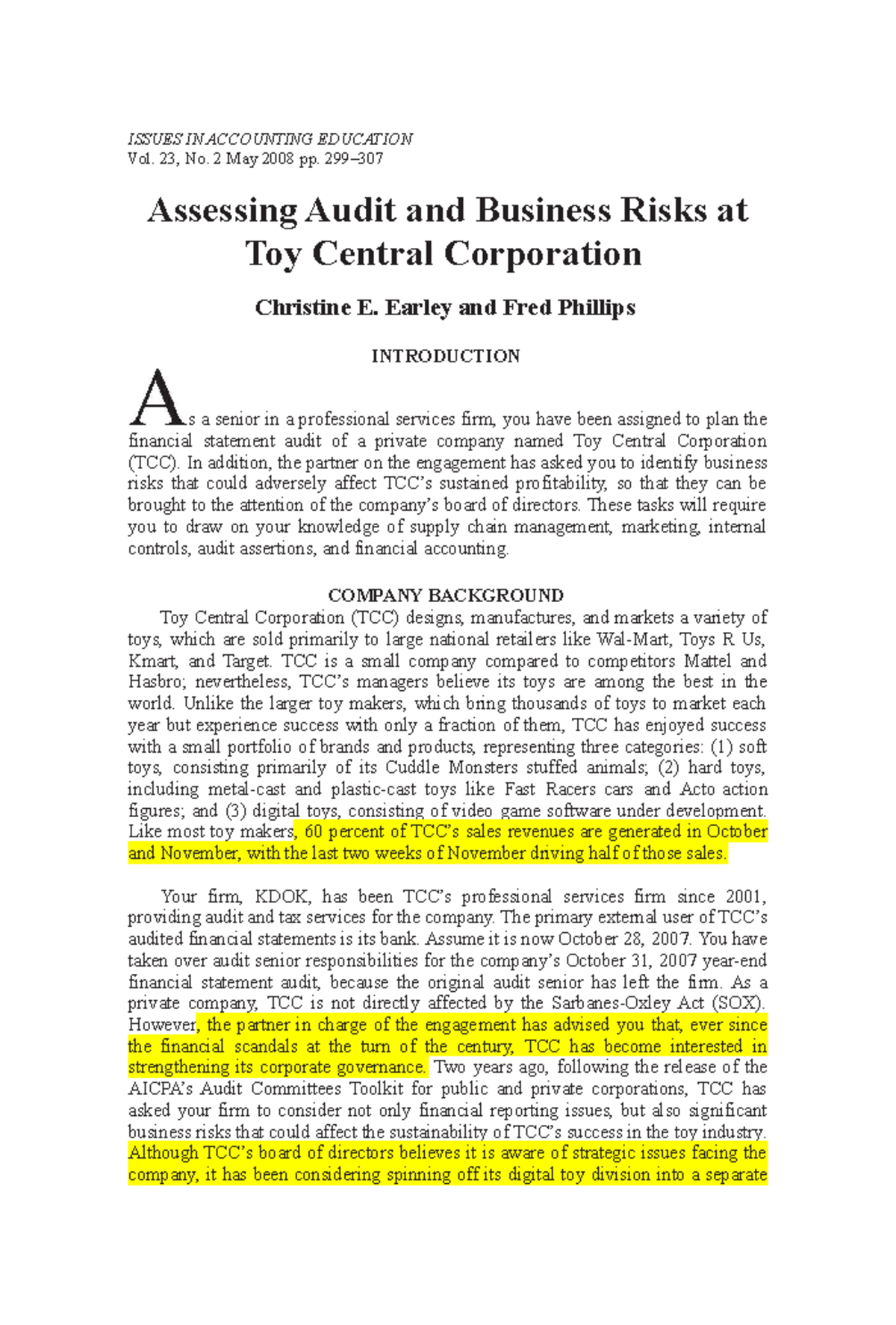 Toy Central Case - An auditing case regarding risk assessment - ISSUES ...
