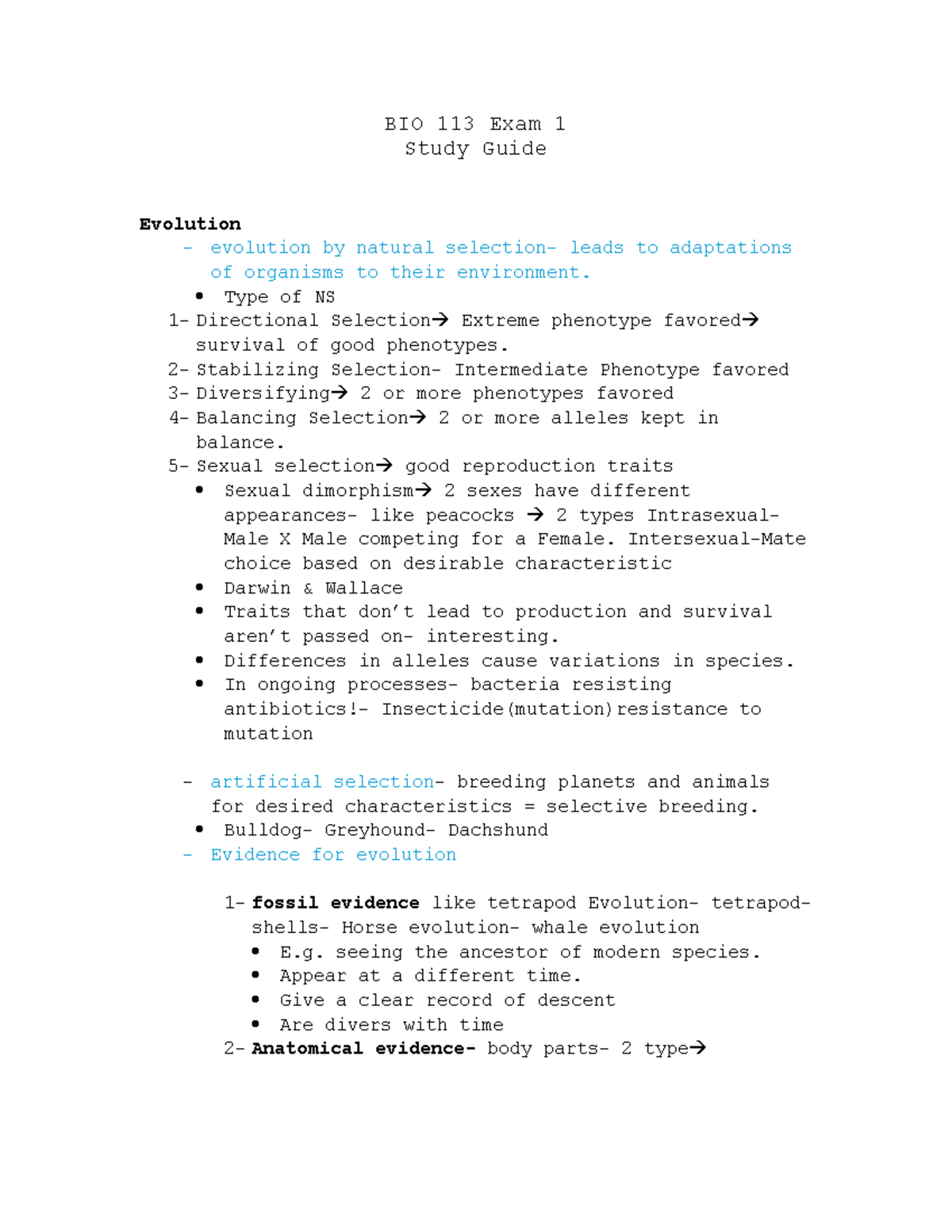 Exam 1 study guide - Summary Biology II - BIO 113 Exam 1 Study Guide ...