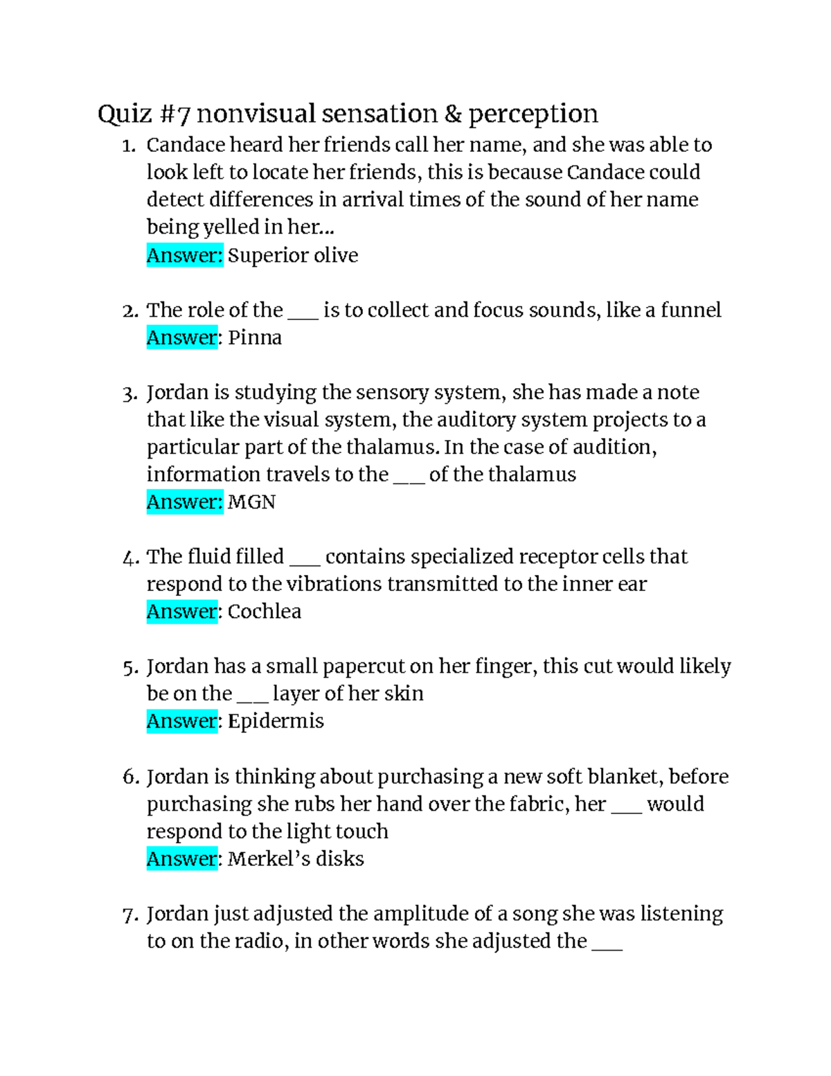 Quiz #7 nonvisual sensation & perception - Quiz #7 nonvisual sensation ...