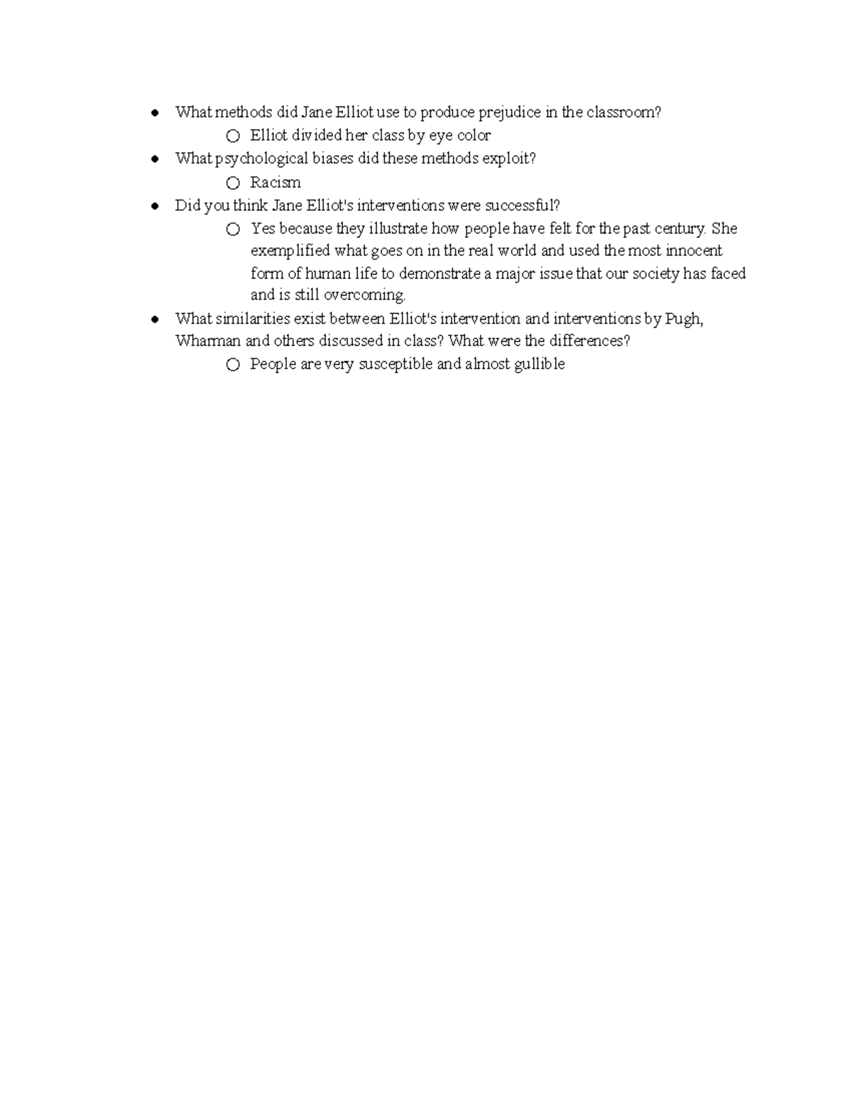 A Class Divided - Lecture Notes - What methods did Jane Elliot use to ...