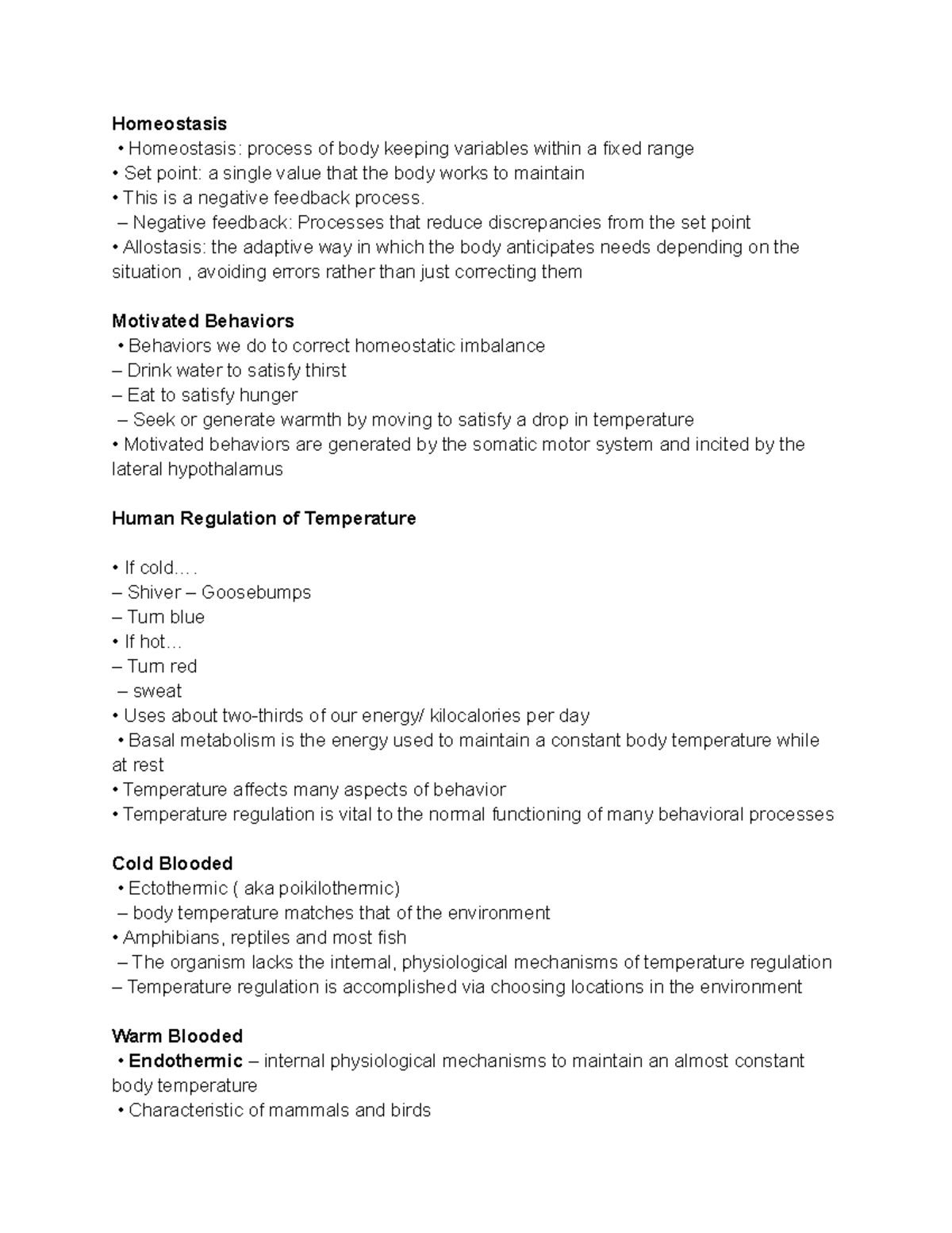 Psy351 Ch 13 - notes - Homeostasis - Homeostasis: process of body ...
