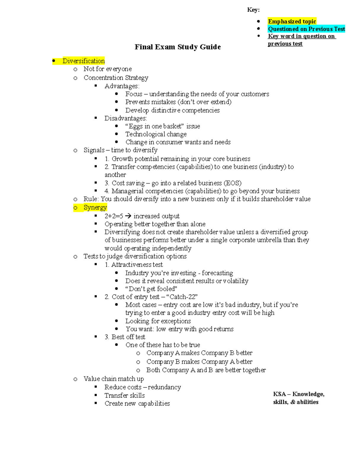 MGMT 464 Final Exam Study Guide - Key: Final Exam Study Guide Emphasized topic Questioned on ...