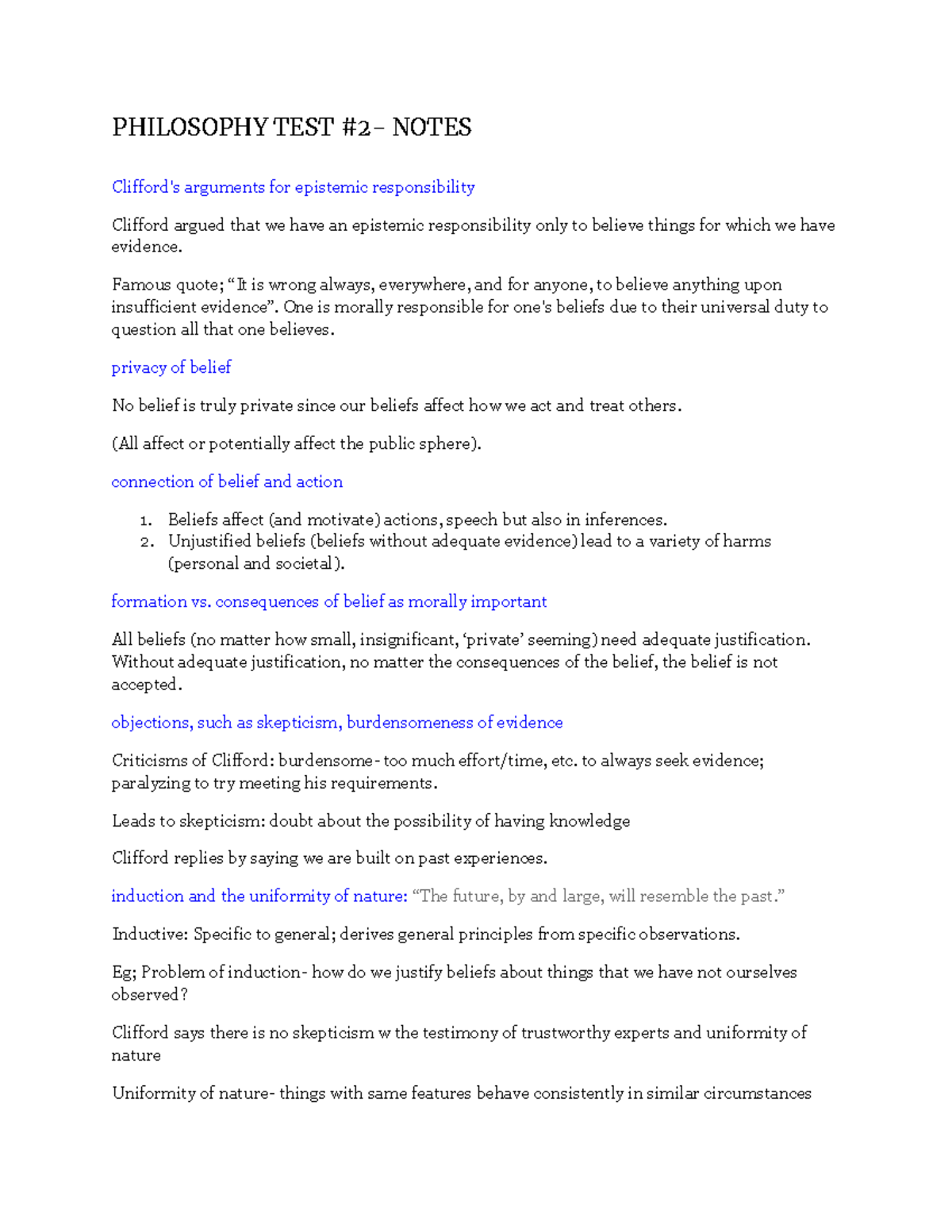 Philosophy Test #2 Notes - PHILOSOPHY TEST #2- NOTES Clifford's ...