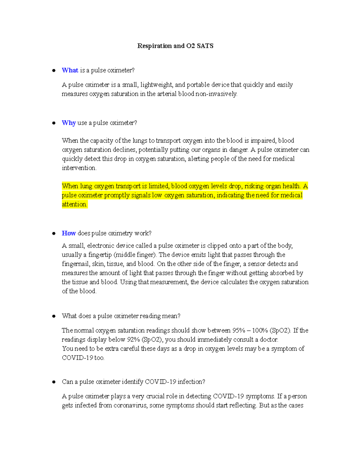 Respiration and O2 SATS - Why use a pulse oximeter? When the capacity ...