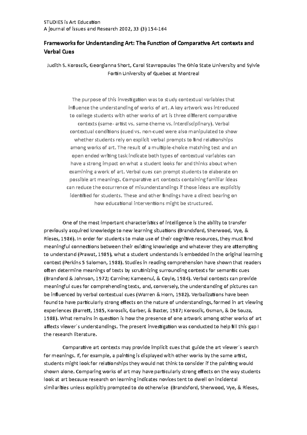 Frameworks for understanding art - A journal of issues and Research ...