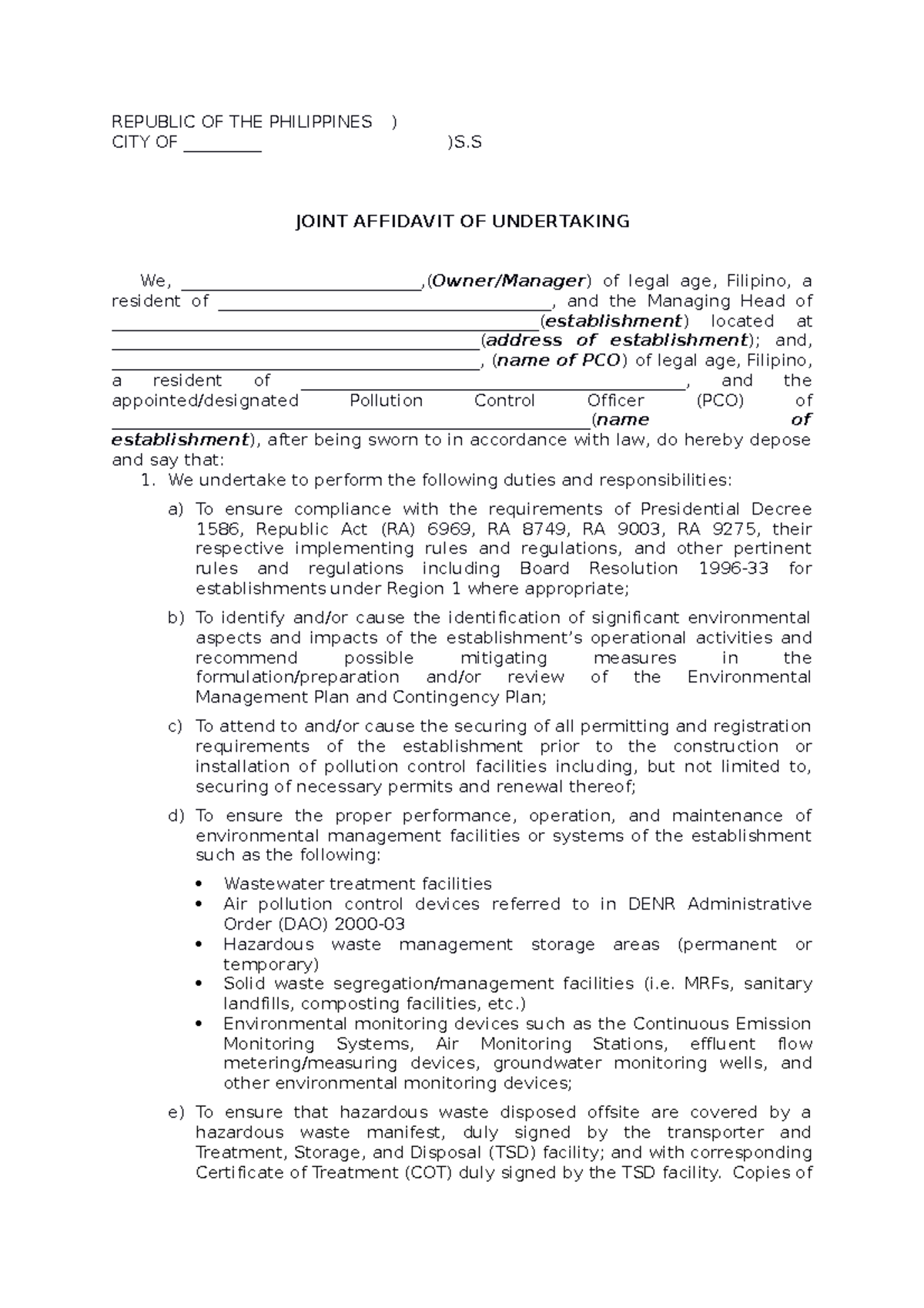 Affidavit of Joint Undertaking of the PCO - REPUBLIC OF THE PHILIPPINES ...