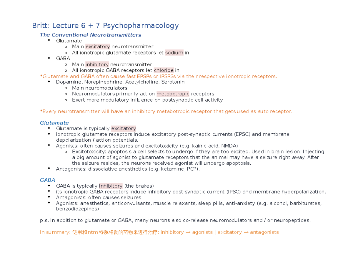 211 Lecture 6 + 7 Psychopharmacology - Britt: Lecture 6 + 7 Psychopharmacology The Conventional ...