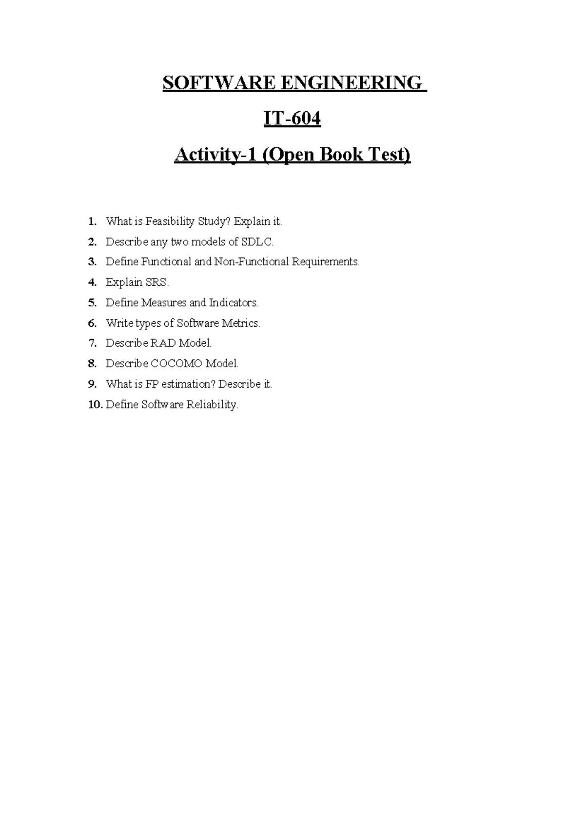 Activity-1 - computer - Bachelors in Computer application - SOFTWARE ENGINEERING IT- Activity-1 ...