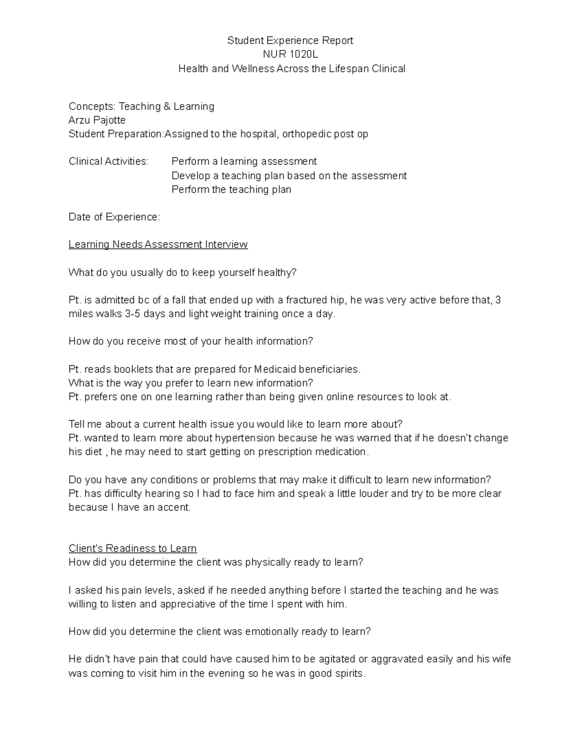 Student Experience Report 3-1 (6) - Student Experience Report Health ...