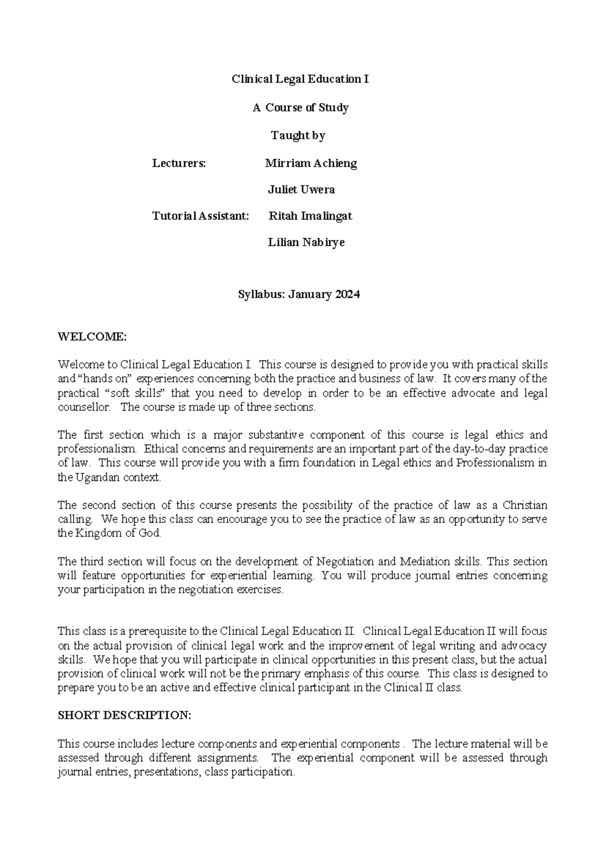 Clinical Legal Education I - Course outline 2024 - Clinical Legal ...