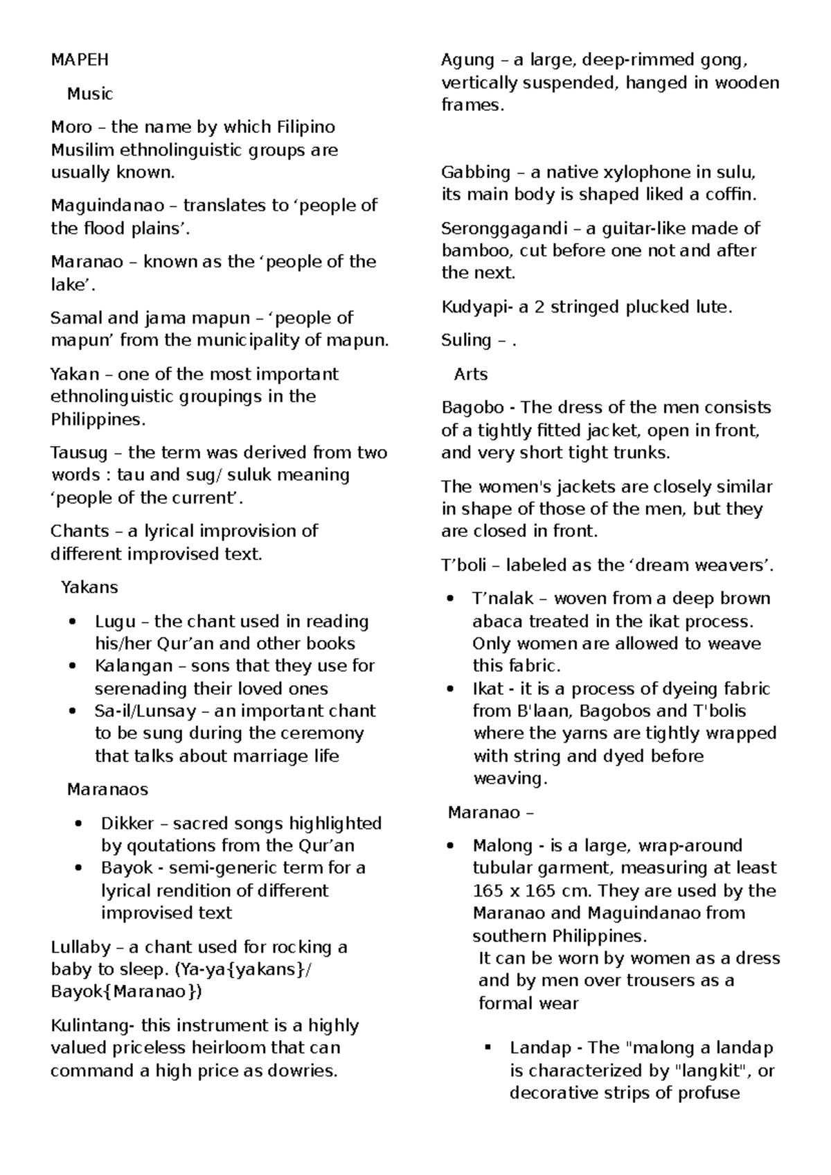 Mapeh Reviewer by despa - MAPEH Music Moro – the name by which Filipino ...