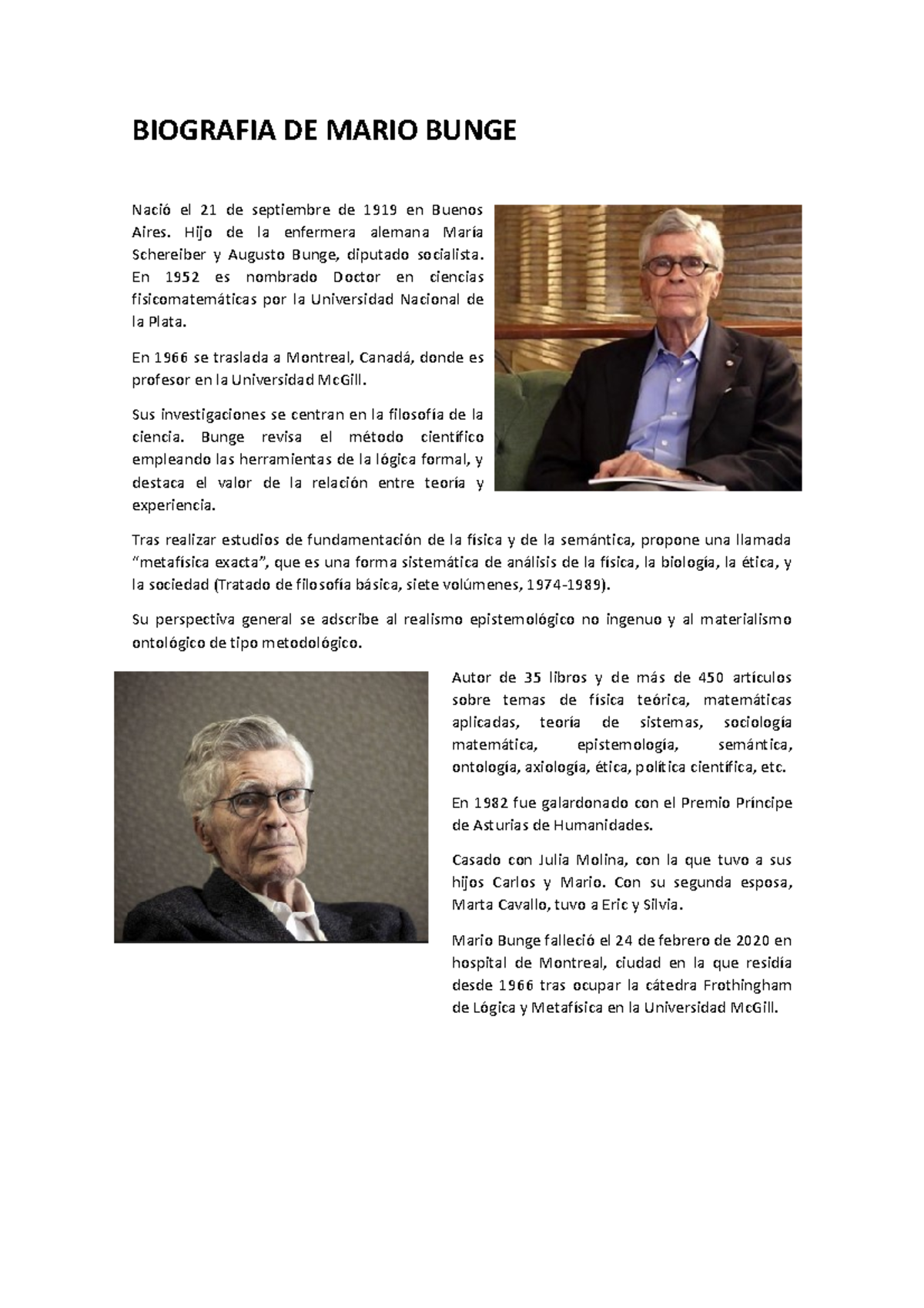 Biografia DE Mario Bunge - BIOGRAFIA DE MARIO BUNGE Nació el 21 de ...