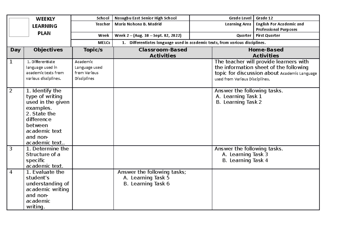 Weekly Learning Plan WEEK 2 EAPP - WEEKLY LEARNING PLAN School Nasugbu ...