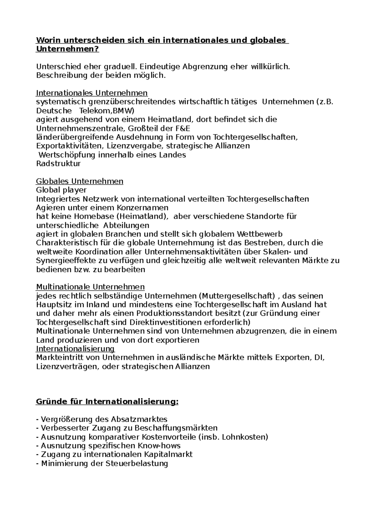 Klausur Sommersemester 2016, Fragen und Antworten - Worin unterscheiden sich ein internationales ...