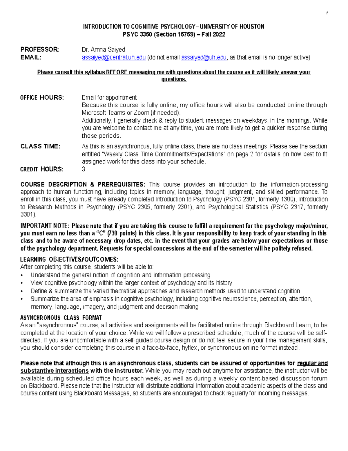 2022 Fall PSYC 3350 Cognitive Syllabus Saiyed - INTRODUCTION TO ...