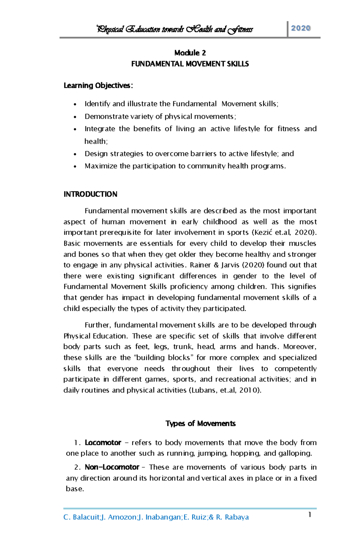PE1 Module 2 Chapter 2 - gyughc - Module 2 FUNDAMENTAL MOVEMENT SKILLS ...