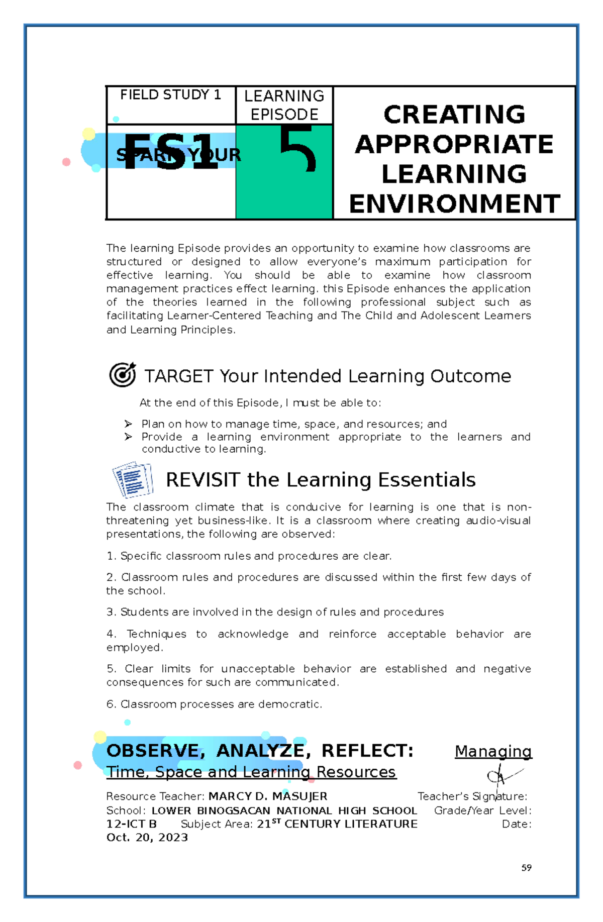 Learning Episode 5-8 - FIELD STUDY 1 LEARNING EPISODE CREATING ...