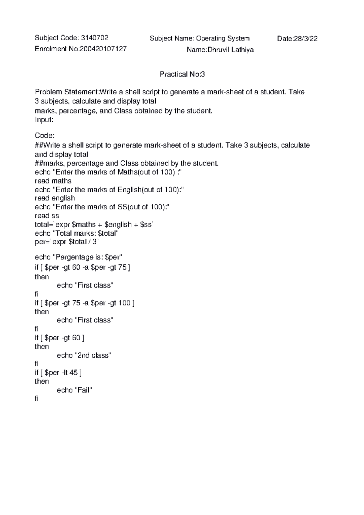 pass or fail result making - Subject Code: 3140702 Subject Name ...