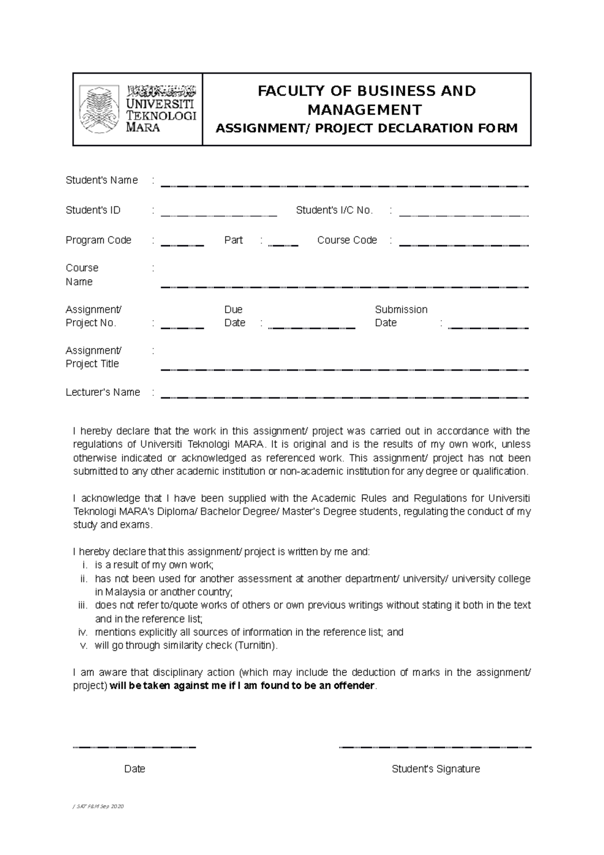 Assignment Project Declaration Form - FACULTY OF BUSINESS AND ...