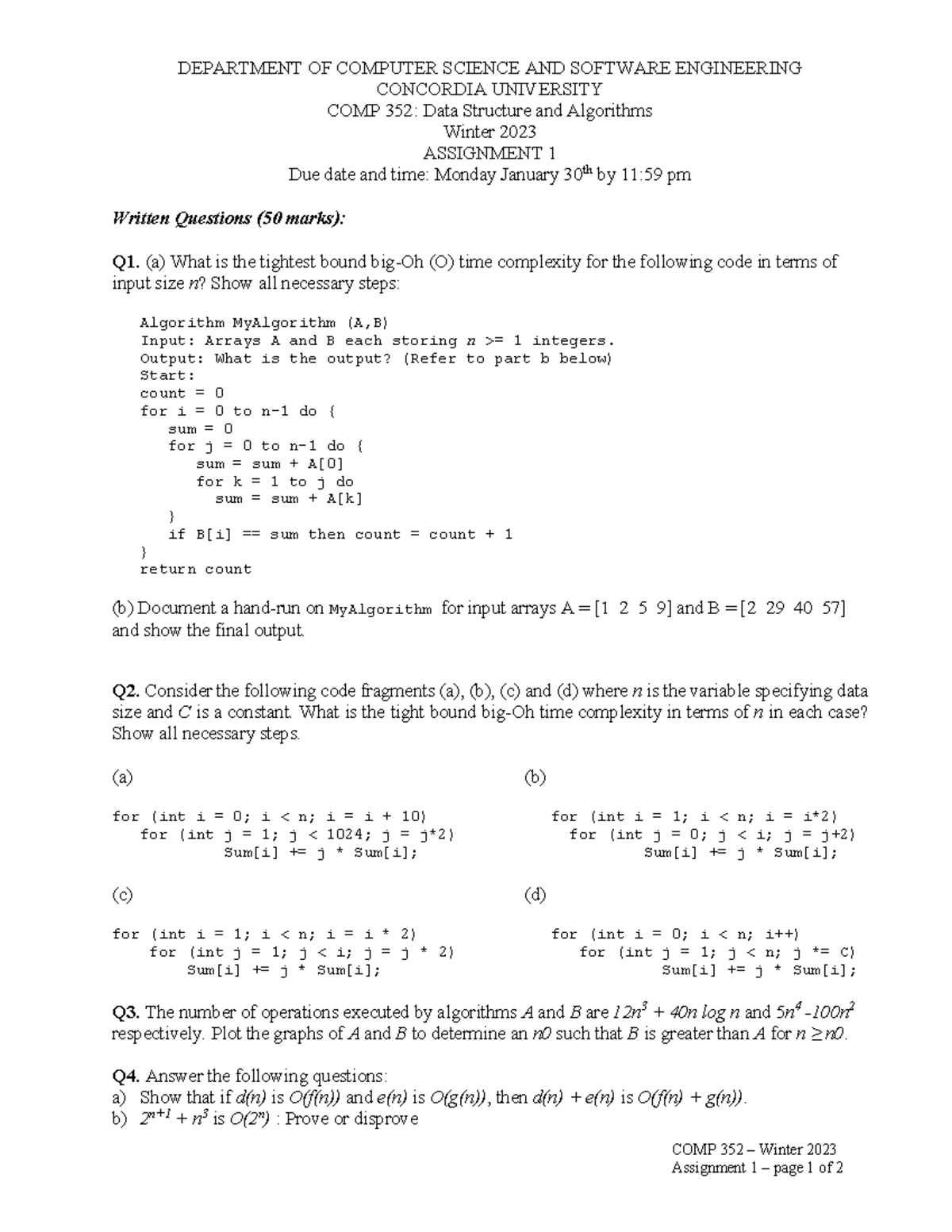 COMP352 W23 assignment 1 - COMP 352 – Winter 2023 Assignment 1 – page 1 of 2 DEPARTMENT OF ...