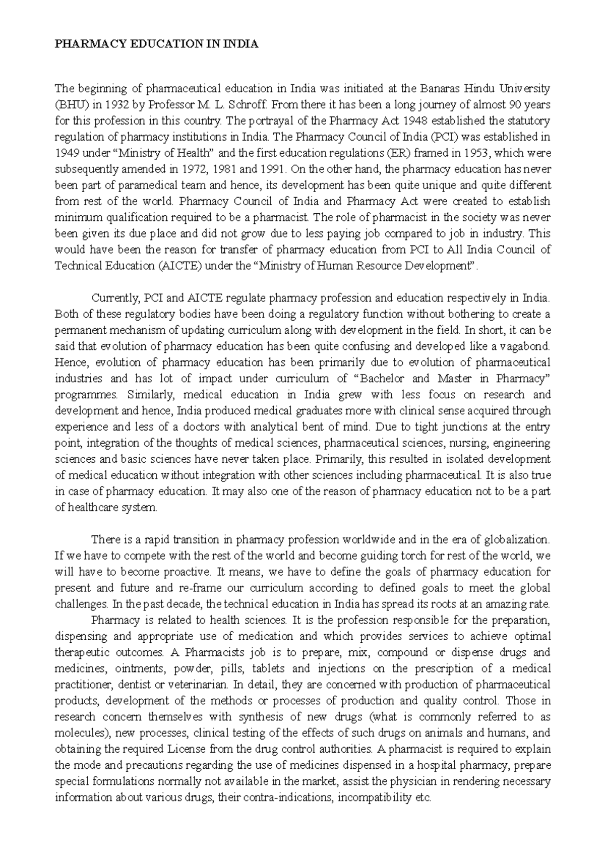 History of Pharmacy Profession - PHARMACY EDUCATION IN INDIA The ...