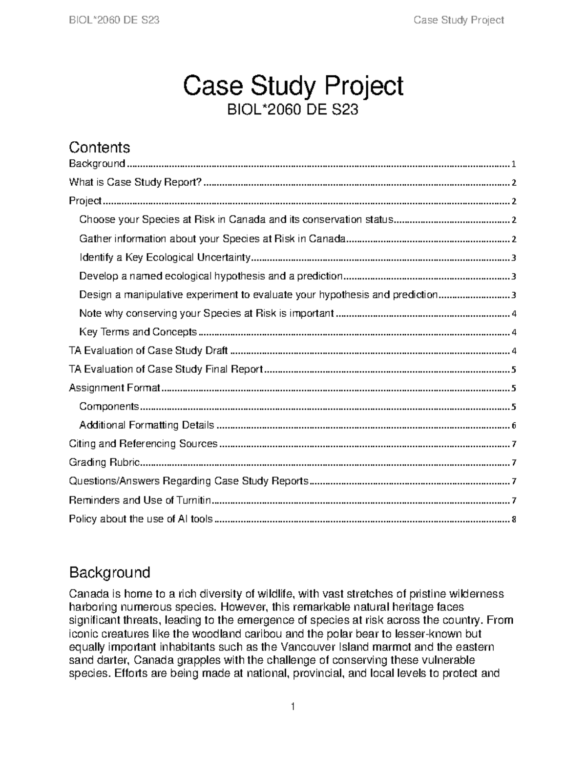 Case Study Project Infomation - Case Study Project BIOL*2060 DE S ...