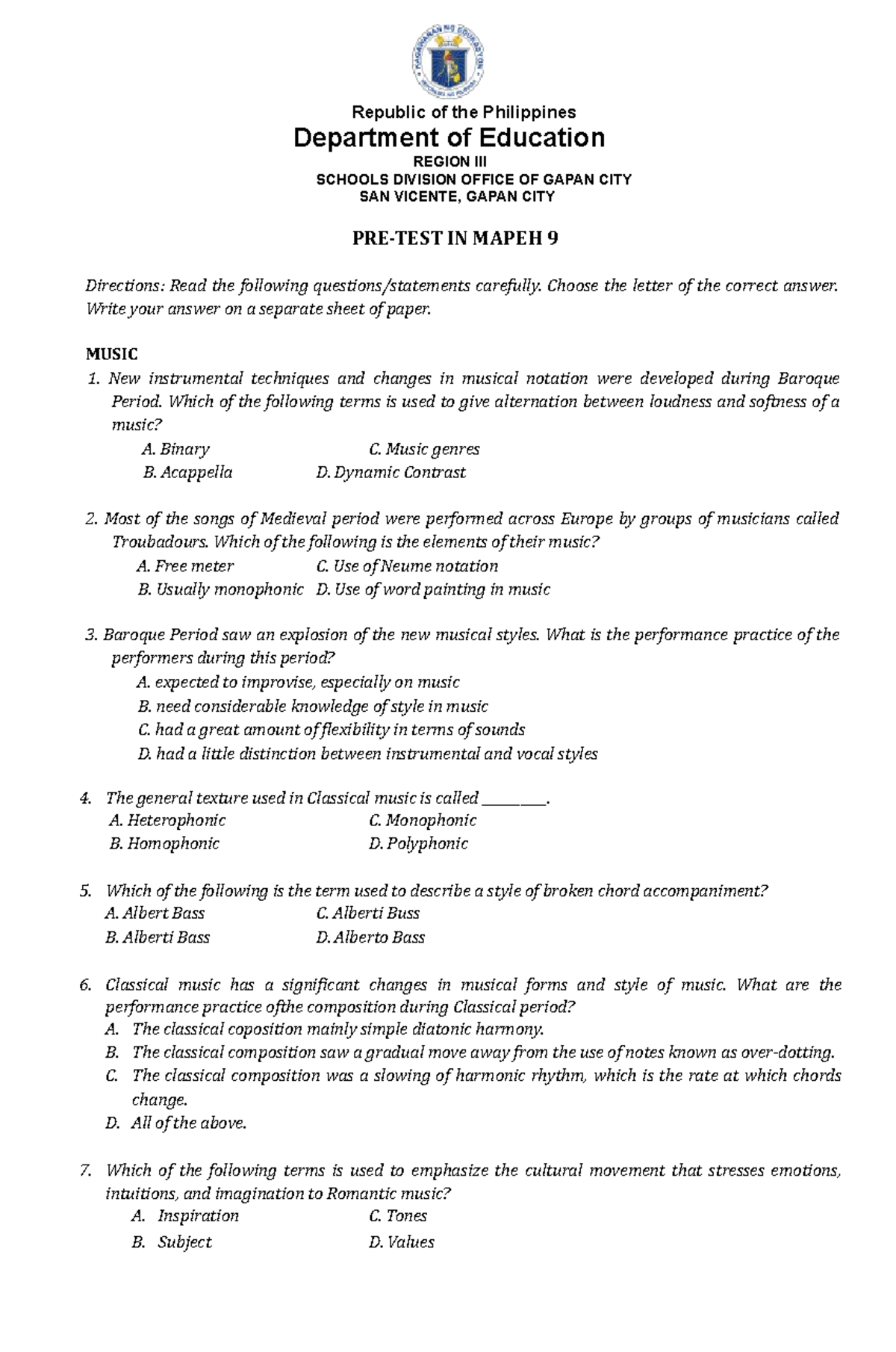 Mapeh 9 PRE TEST - Diagnostic Test - Republic of the Philippines ...