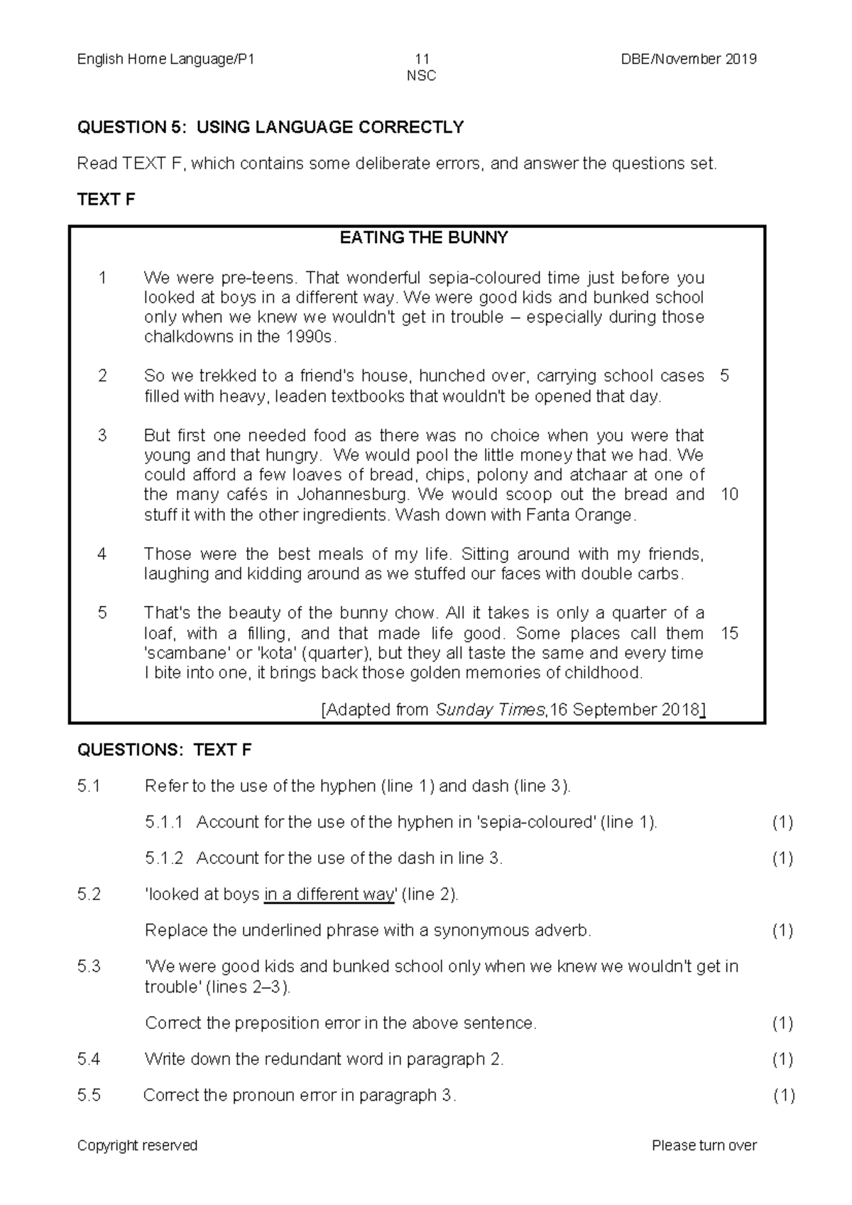 NOV 2019 QP - PAST PAPER 1 QUESTION PAPER - English Home Language/P1 11 ...