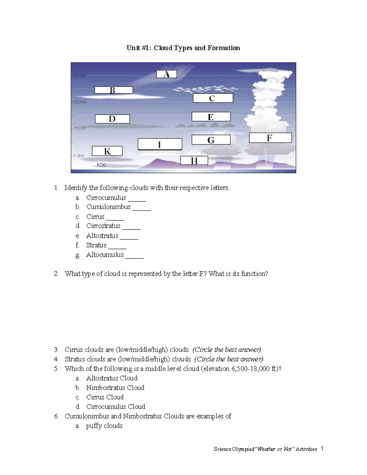 Science Olympiad Weather or Not - Practice Assignments - Unit #1: Cloud ...