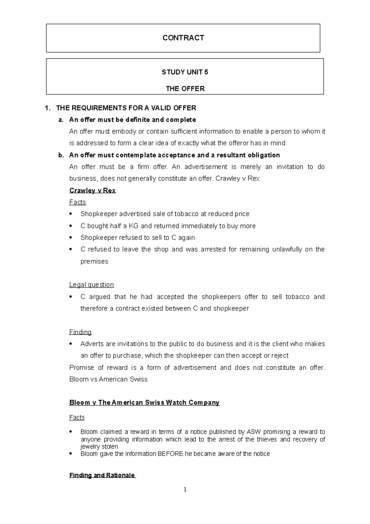 PVL3702-the formation of a contract - the offer - CONTRACT STUDY UNIT 5 ...