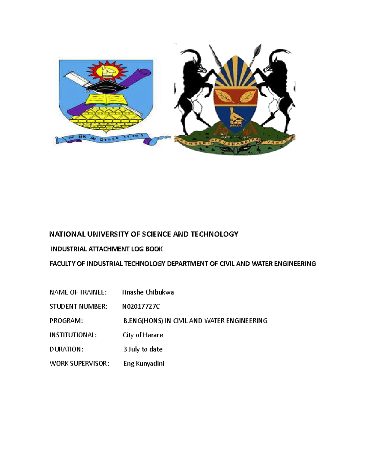 LOG BOOK - NATIONAL UNIVERSITY OF SCIENCE AND TECHNOLOGY INDUSTRIAL ...