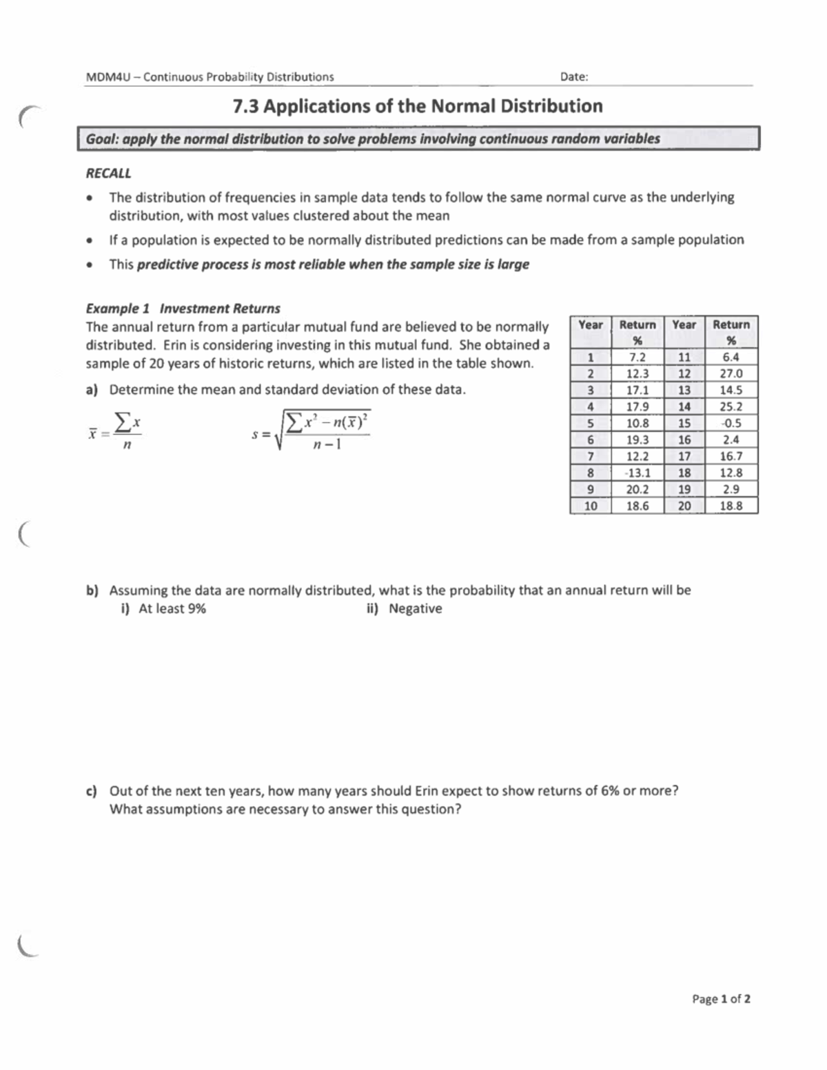 7.3 Lesson Notes - Applications of the Normal Distribution - MDM4U ...