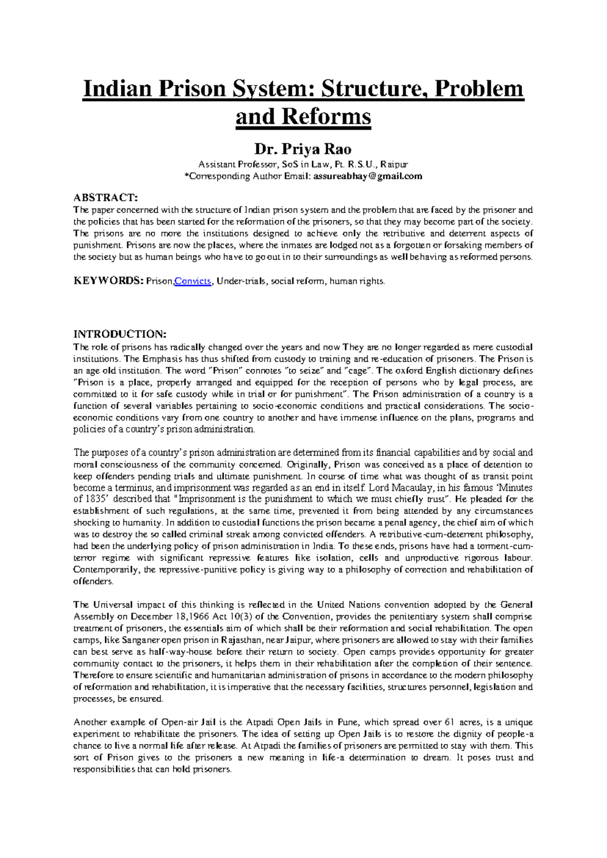 Indian Prison System - Priya Rao Assistant Professor, SoS in Law, Pt. R ...