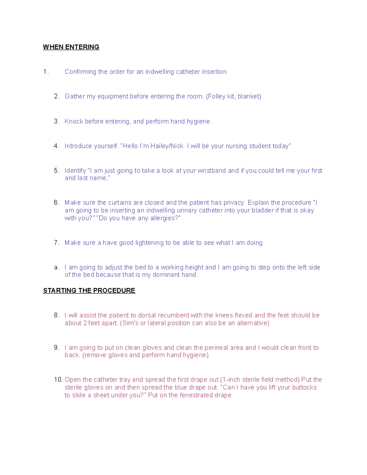 Foley assessment - good luck - WHEN ENTERING Confirming the order for ...
