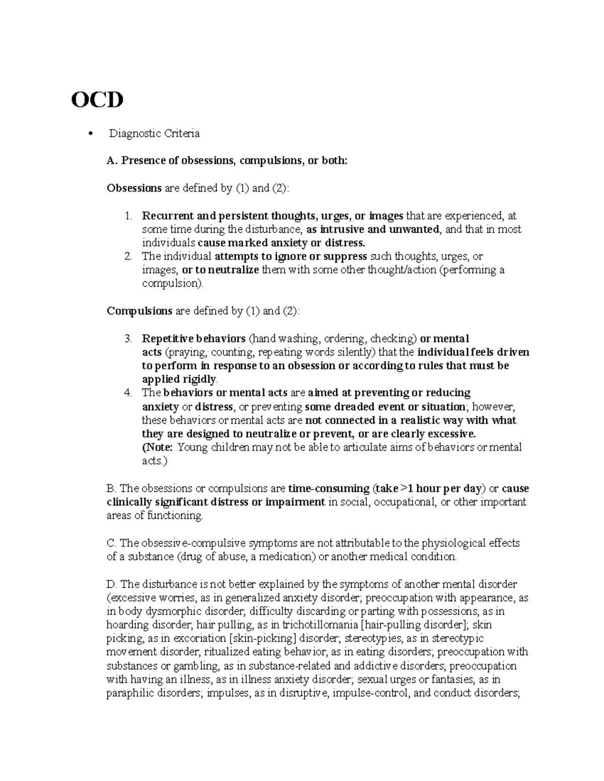 OCD and PTSD - These notes are summaries of both lecture and DSM ...