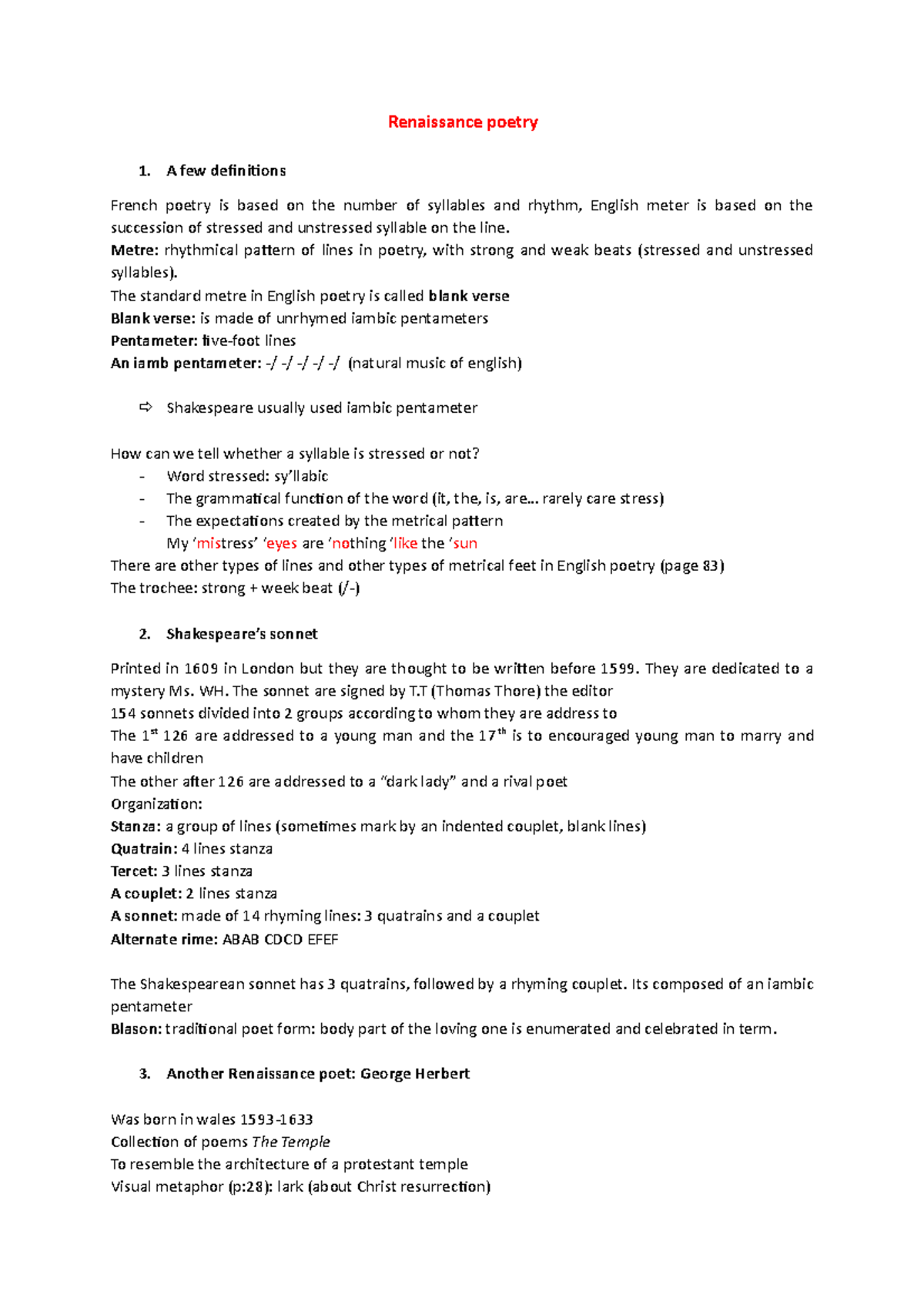 3. Renaissance poetry - Notes de cours 3 - Renaissance poetry A few ...