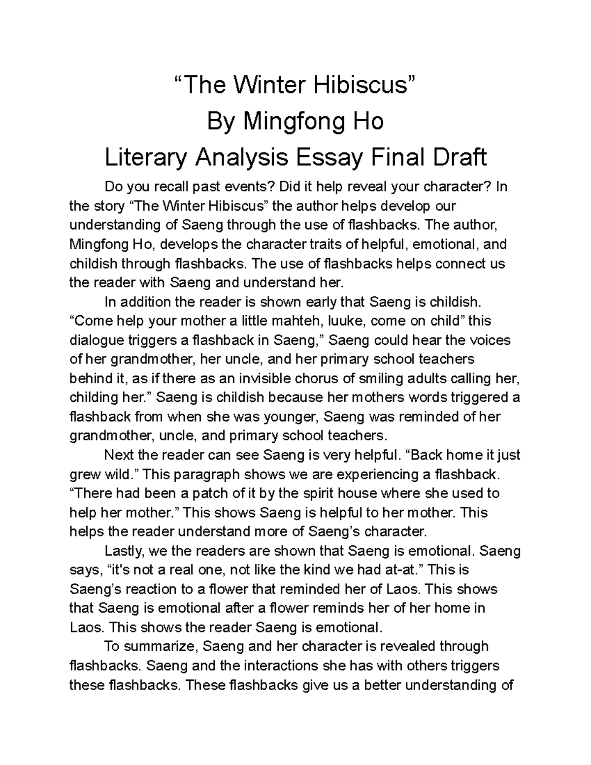 Literary Analysis Essay Final Draft - The author, Mingfong Ho, develops ...