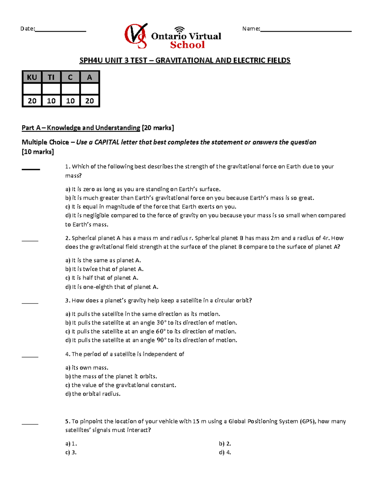 1590708800- Fields TEST - SPH4U UNIT 3 TEST – GRAVITATIONAL AND ...
