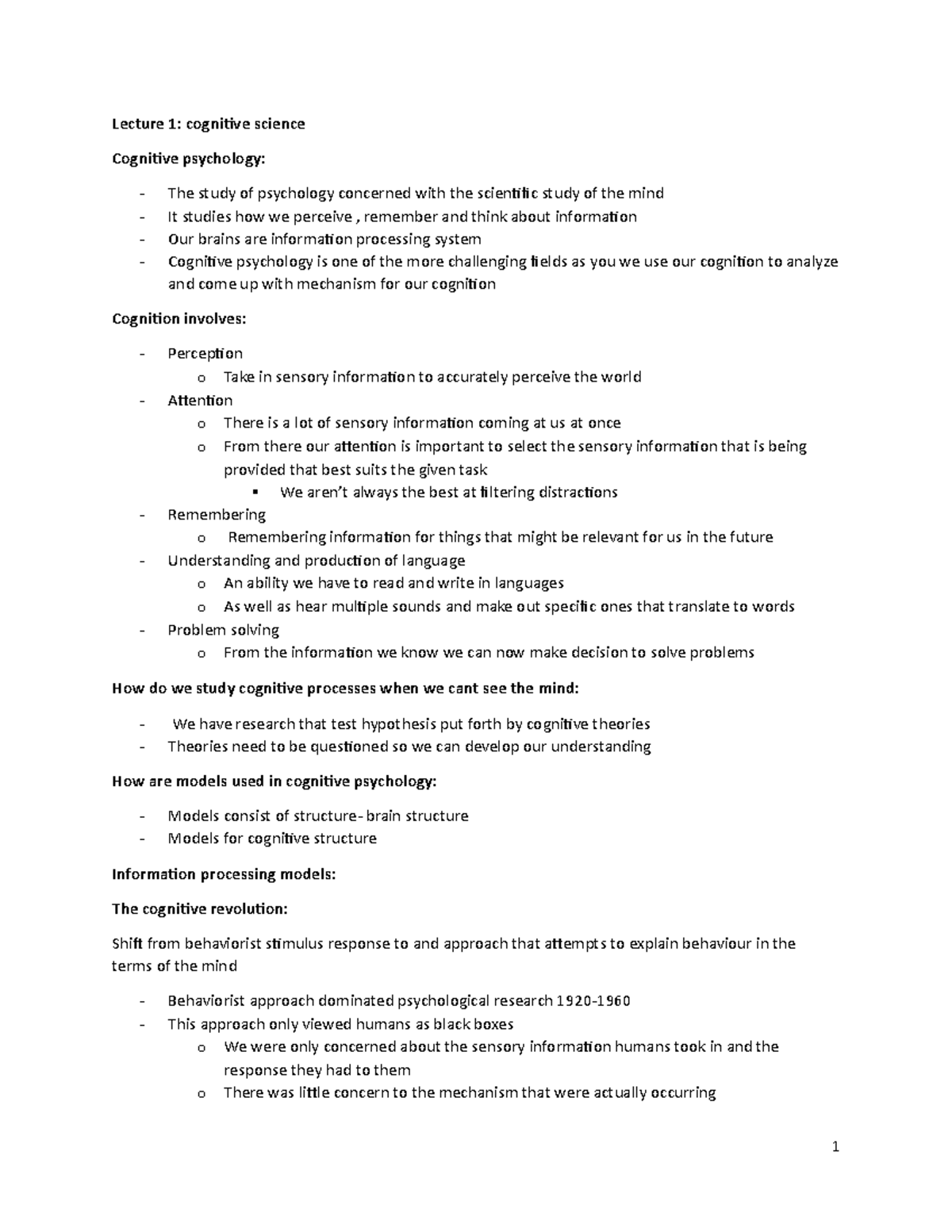 Lecture 1 - brief notes - Lecture 1: cogniive science Cogniive ...