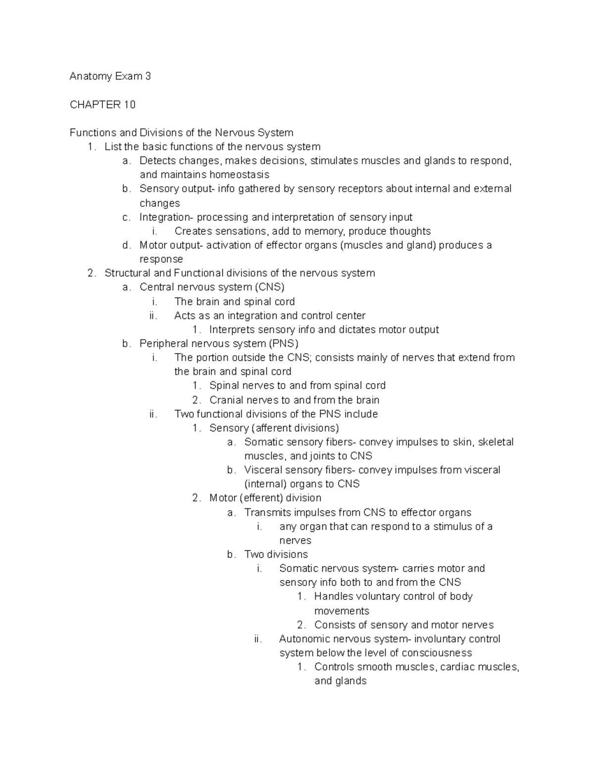 Anatomy exam 3 - Anatomy Exam 3 CHAPTER 10 Functions and Divisions of ...